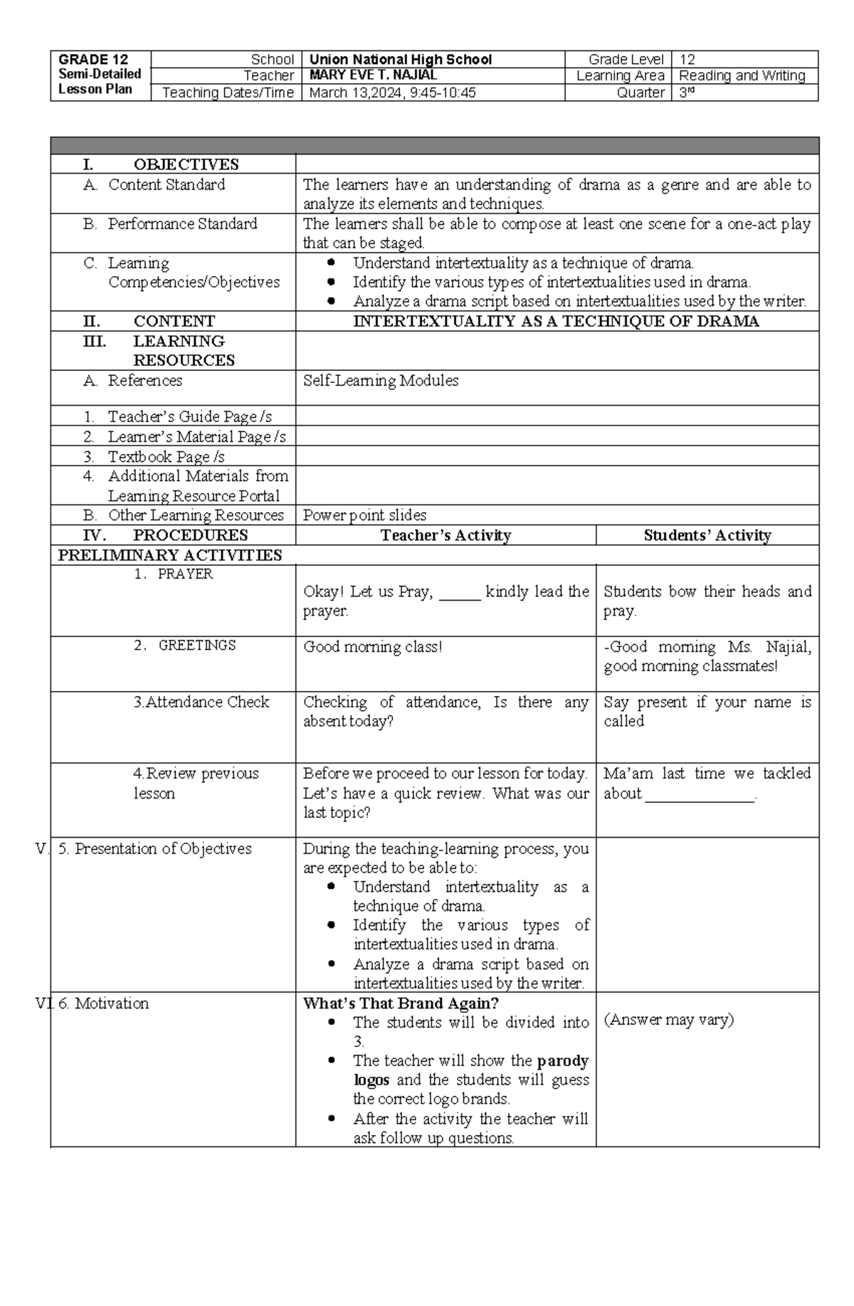 Grade 12 Lesson Plan: Understanding Intertextuality in Drama - Studocu