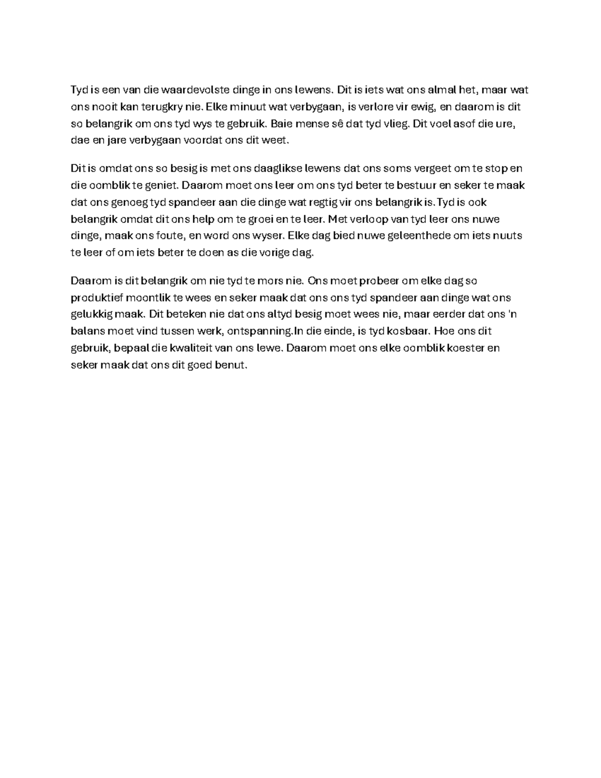 Afrikaans Essay: Die Waarde van Tyd en Produktiwiteit - Sept - Studocu