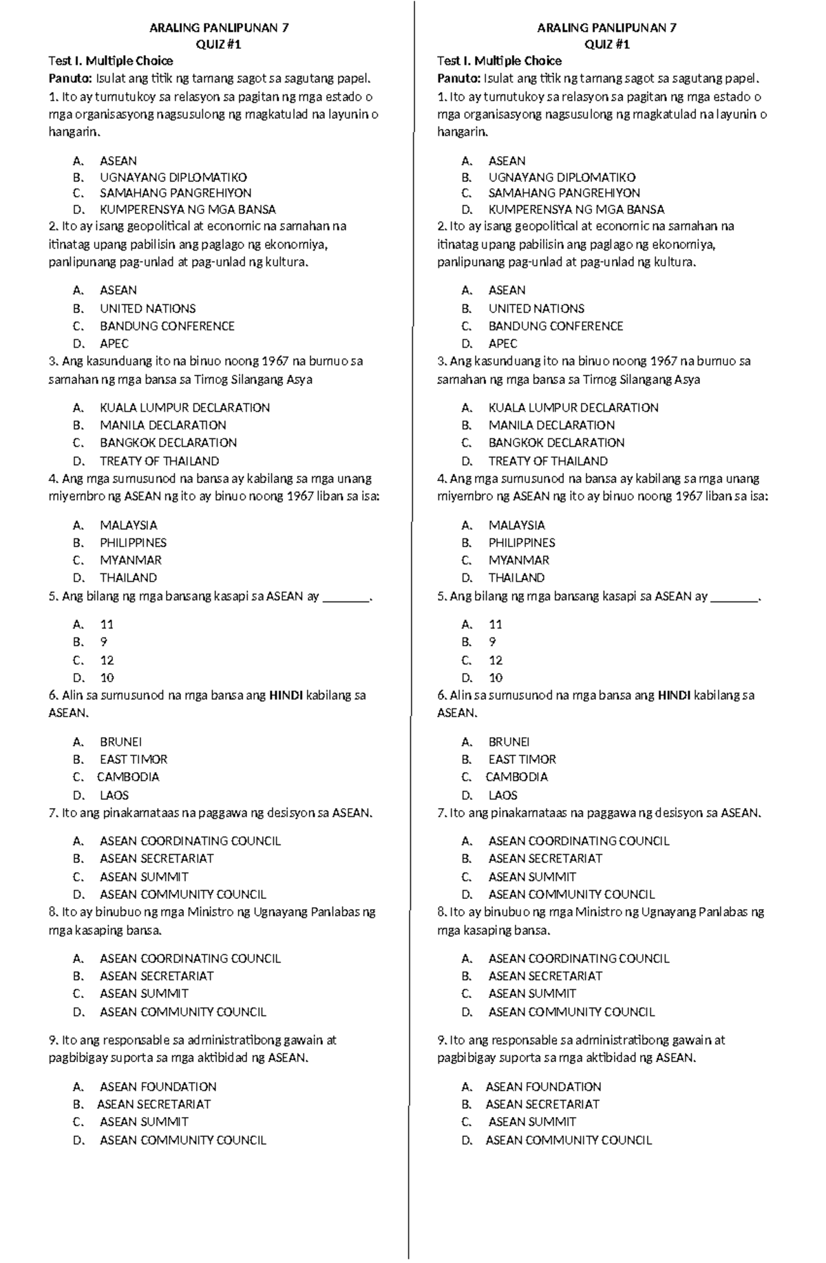 lssonnnnnnnnnnnnnn - ARALING PANLIPUNAN 7 QUIZ Test I. Multiple Choice ...