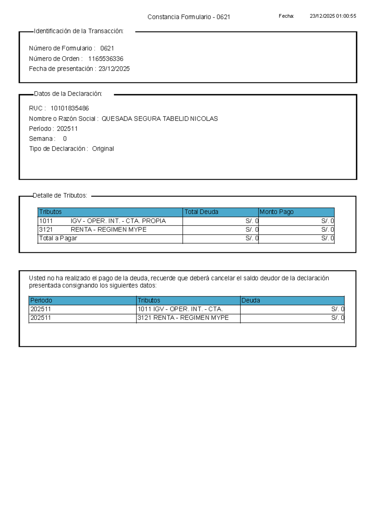 Constancia Declaración Jurada Formulario 0621 - RUC 10101835486 - Studocu
