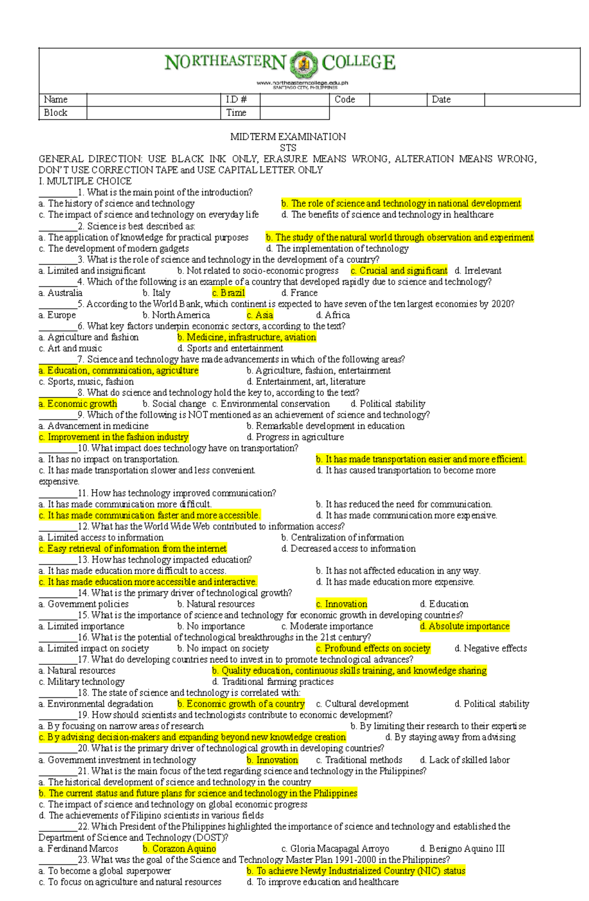 Midterm Exam STS: Key Concepts and Answer Key - Studocu
