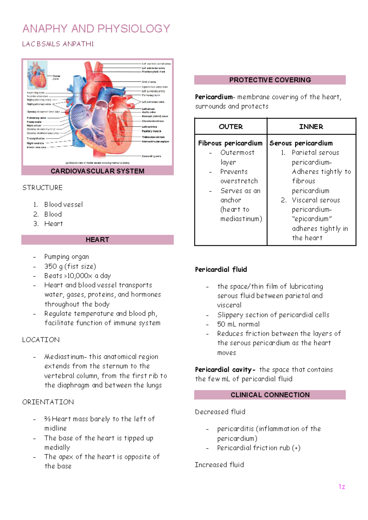 ANAPHY AND PHYSIOLOGY LAC BSMLS ANPATH1 Heart Structure & Function ...