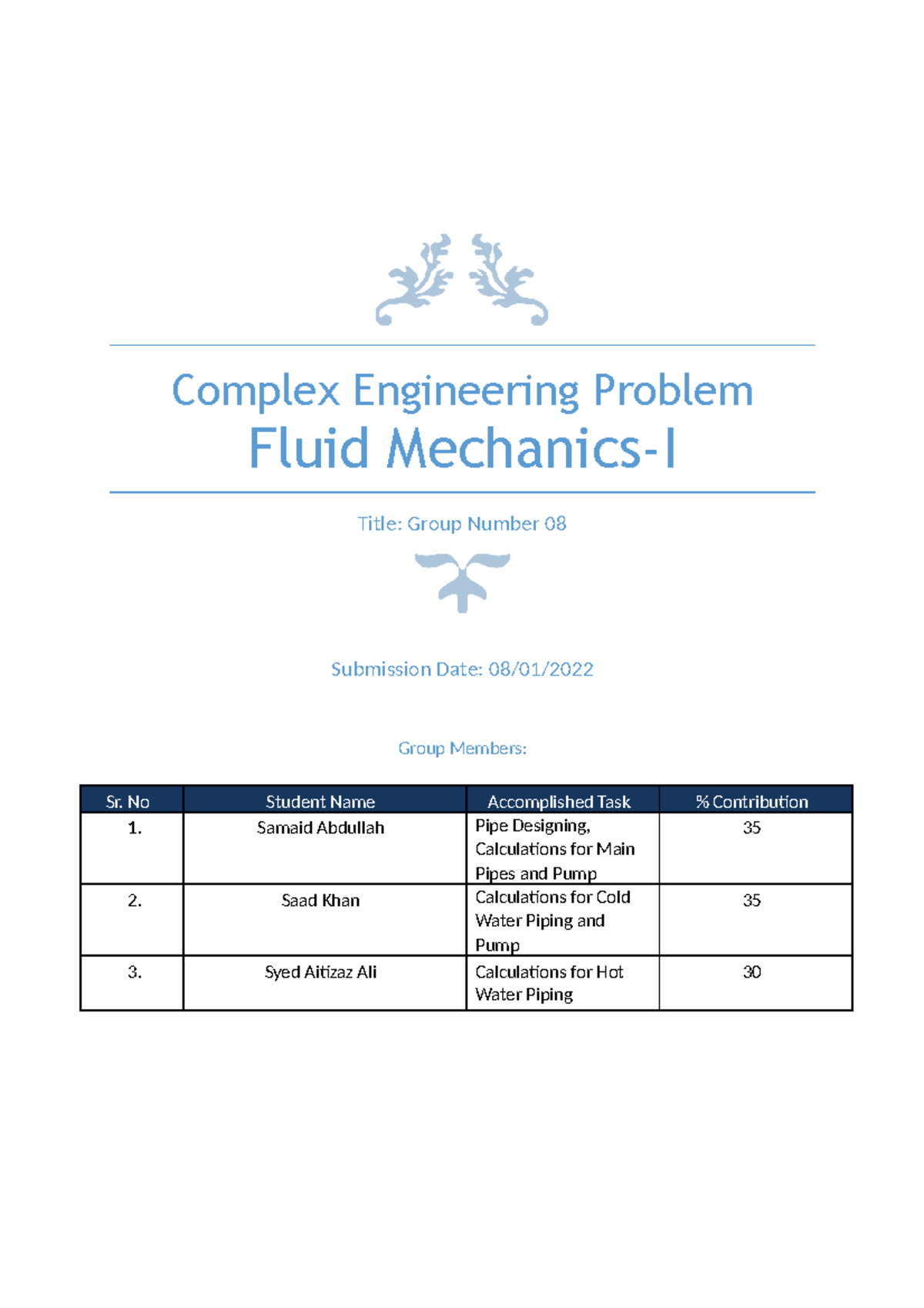 CEP Group 8 - CEP of FM - Complex Engineering Problem Fluid Mechanics-I ...