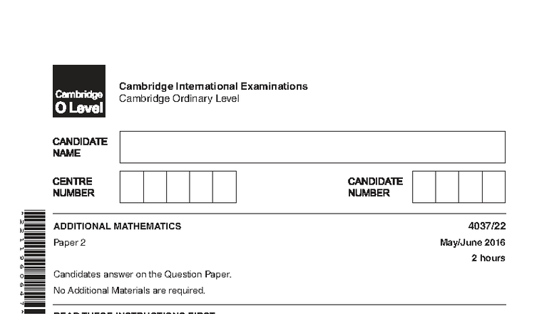Cambridge O Level Additional Mathematics 4024/22 Exam Paper 2016 - Studocu