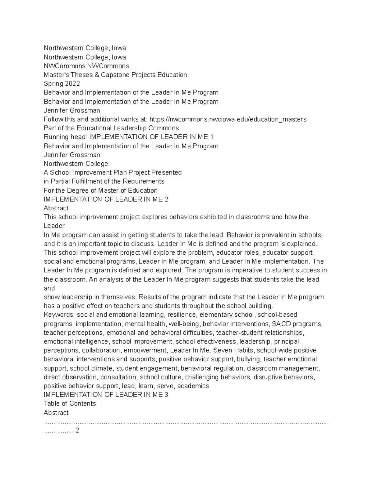 Behavior Improvement Through the Leader In Me Program: A Case Study ...