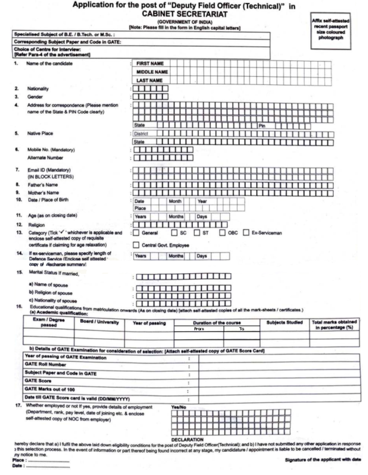 Application Form for Field Officer Post in CABINET SECRETARIAT - Studocu