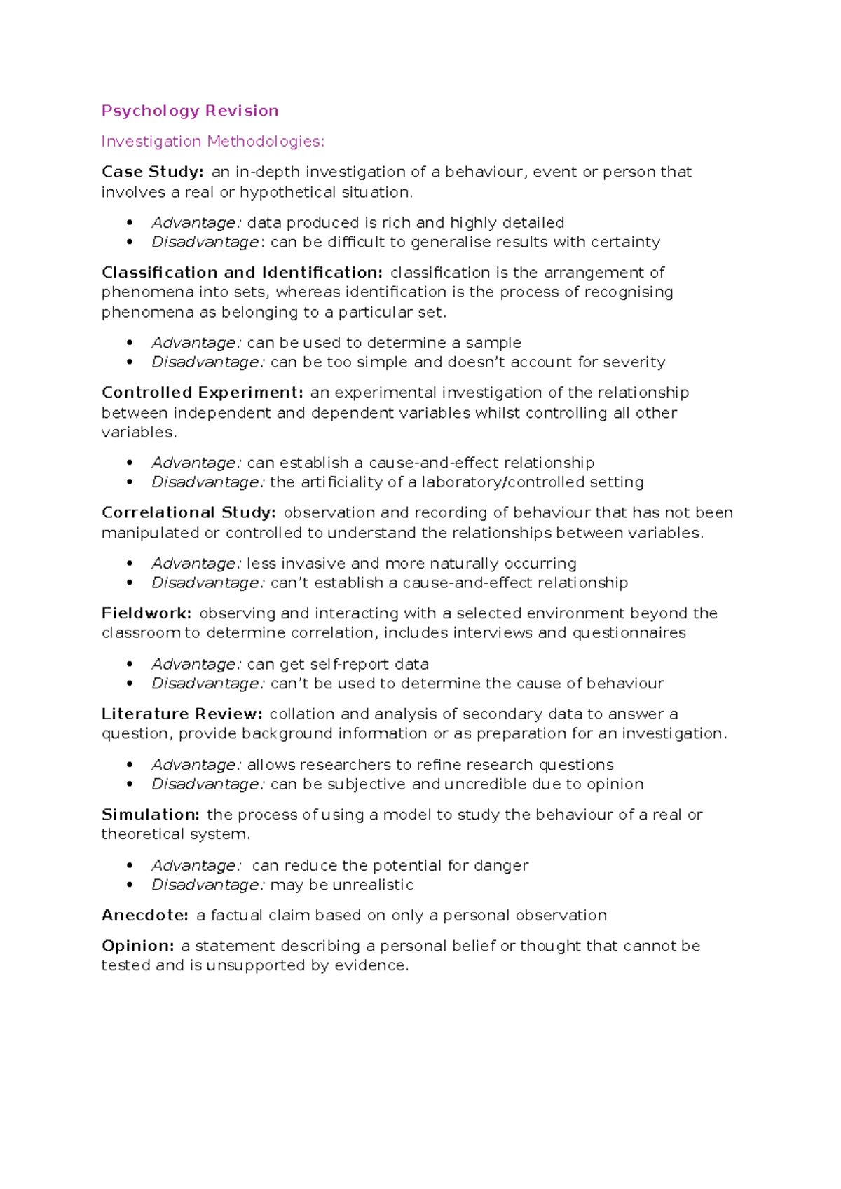 Psychology Revision: Investigation Methodologies Overview - Studocu
