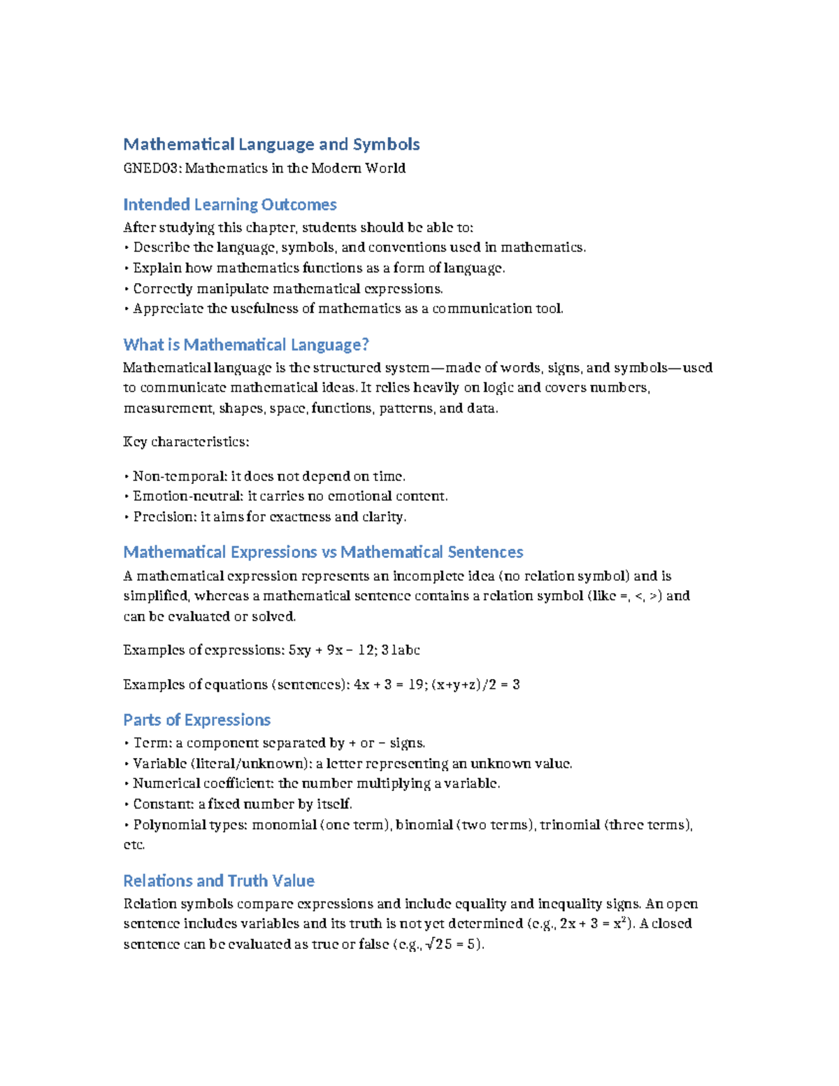 Mathematical Language and Symbols: Chapter 2 Paraphrased GNED03 - Studocu