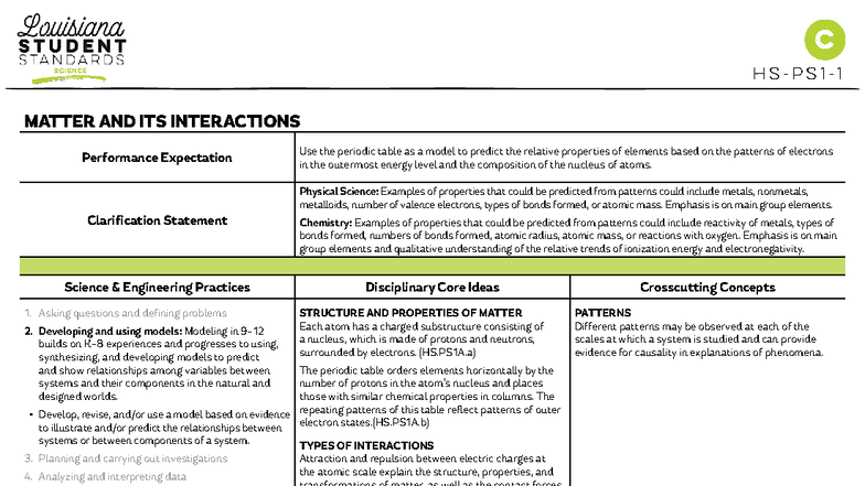 C CHEMISTRY STANDARDS: Matter and Its Interactions Overview - Studocu