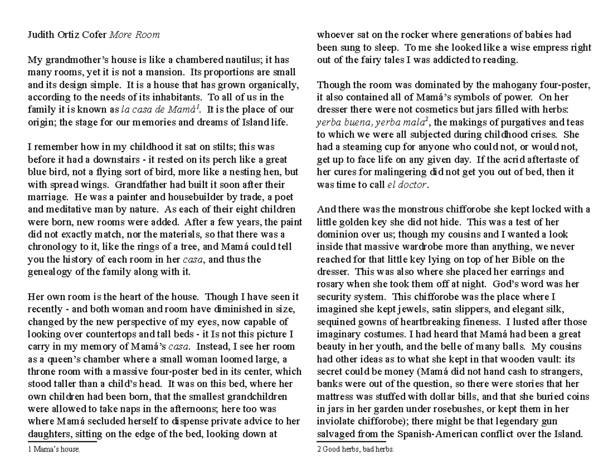 Judith Ortiz Cofer's "More Room": An Analysis & Reflection Essay - Studocu