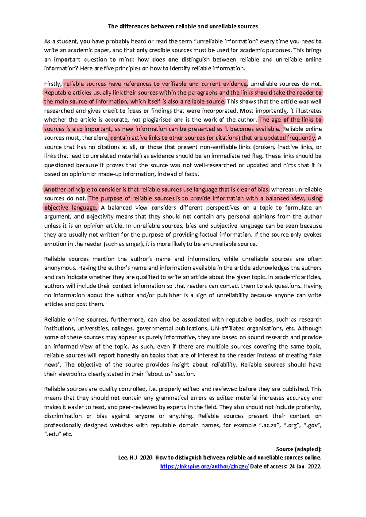 Differences+Between+Reliable+and+Unreliable+sources notes to study ...