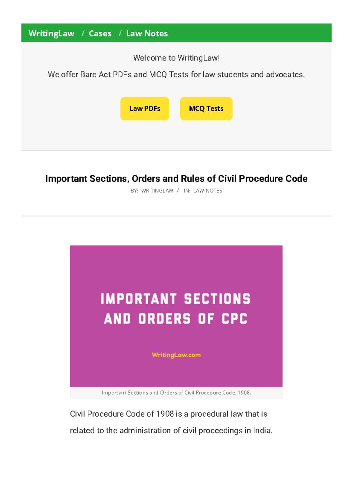 Important Sections & Orders of Civil Procedure Code: Law Notes - Studocu