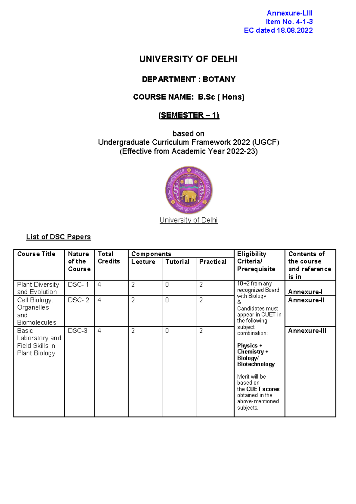 Botany Course Overview: B.Sc (Hons) Semester 1 - DSC & GE Papers - Studocu