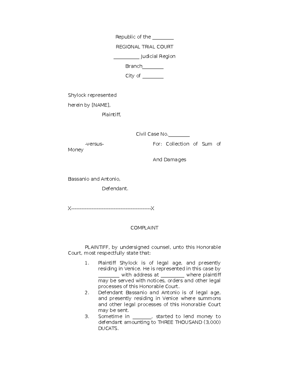 Civil Case Complaint Sample for Collection of Sum of Money - Studocu