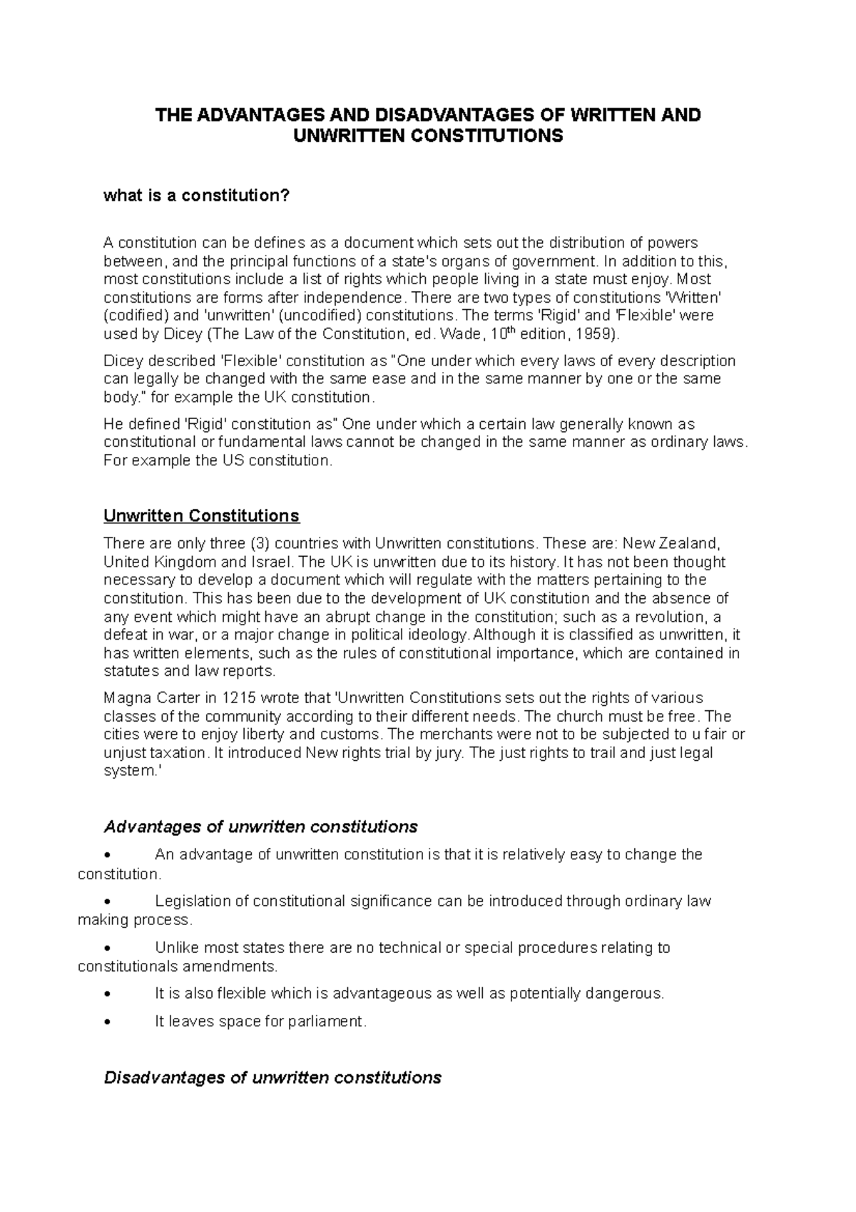Advantages of Written and Unwritten Constituation - THE ADVANTAGES AND ...