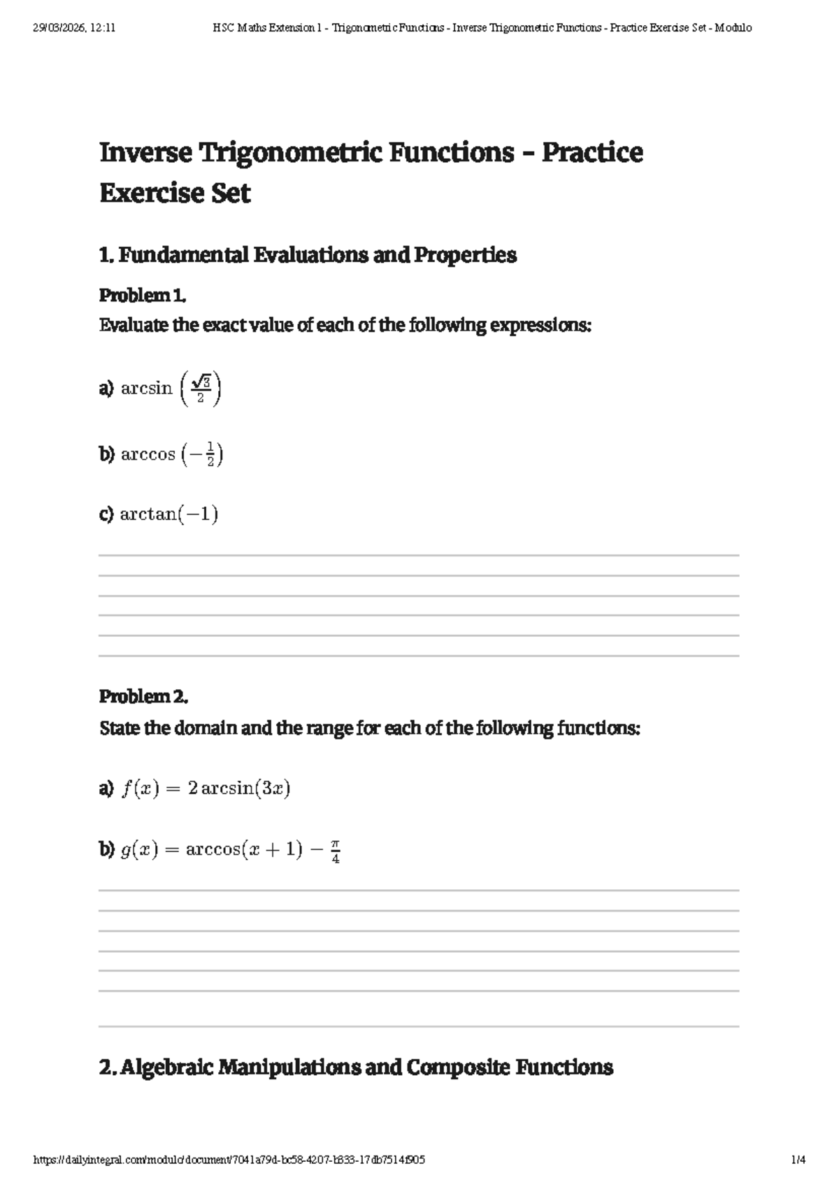 HSC Maths Extension 1: Trigonometric & Inverse Functions Practice Set ...