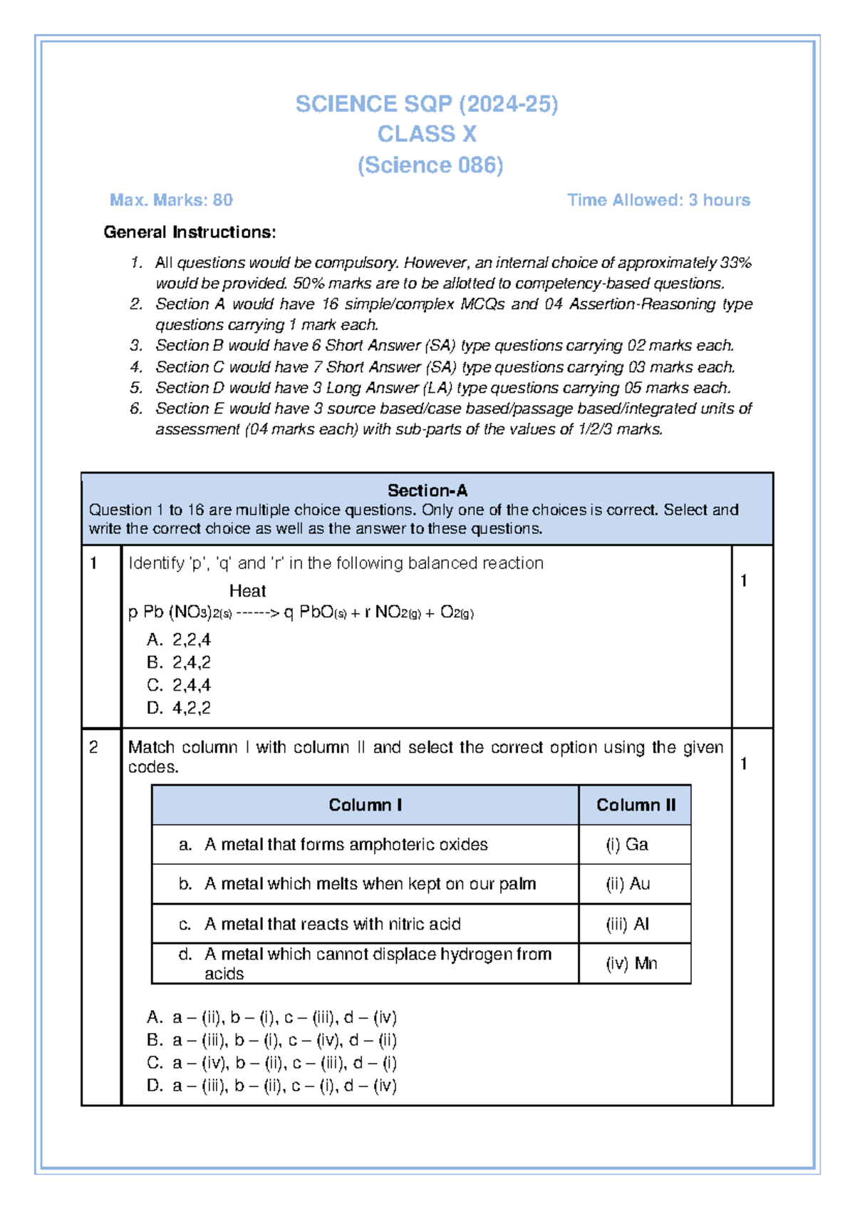 Science SQP Class X (Science 086) Sample Paper for Exam Preparation ...