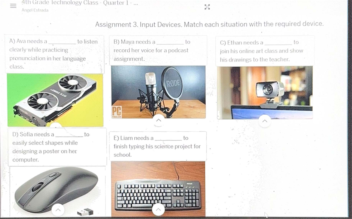 4th Grade Tech Class Q1: Assignment 3 - Input Devices Matching - Studocu