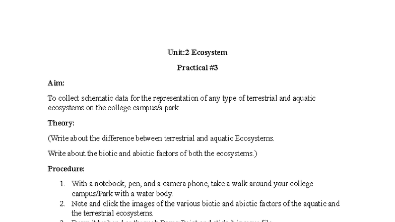 Unit 2: Practical on Aquatic & Terrestrial Ecosystems Analysis - Studocu