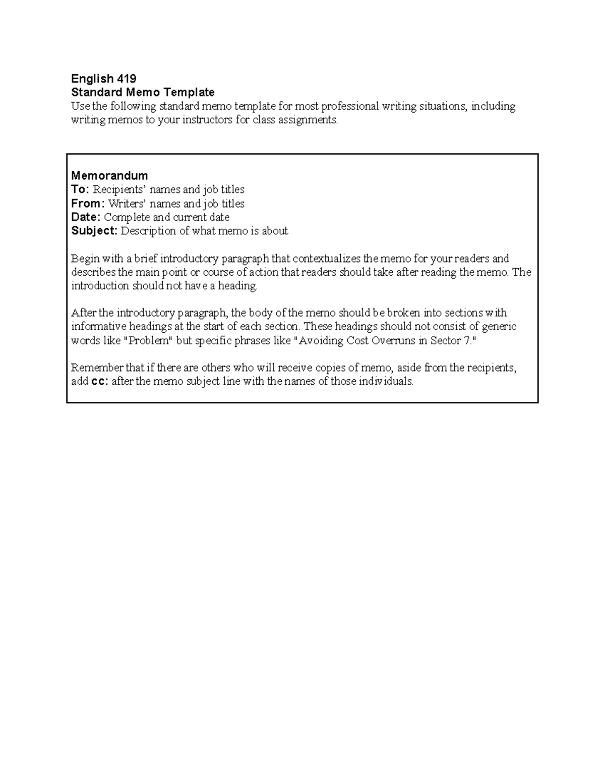 English 419 Standard Memo Template for Professional Writing - Studocu