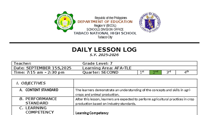 Daily Lesson Log: Agricultural Jobs - Grade 7 (S.Y. 2025) - Studocu