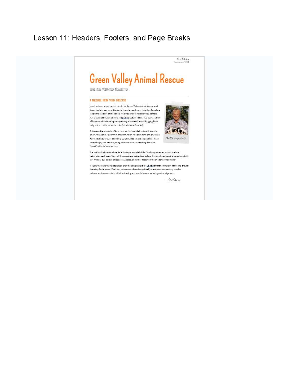 Lesson 11: Headers, Footers, and Page Breaks Overview for Volunteers ...