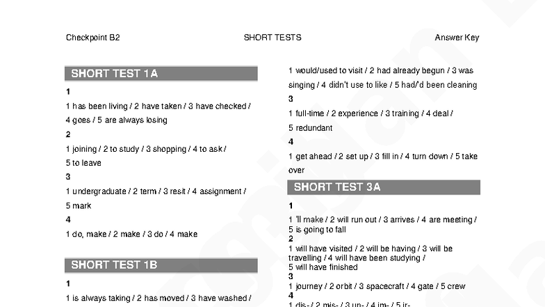 Checkpoint B2 Short Tests Answer Key - Studocu