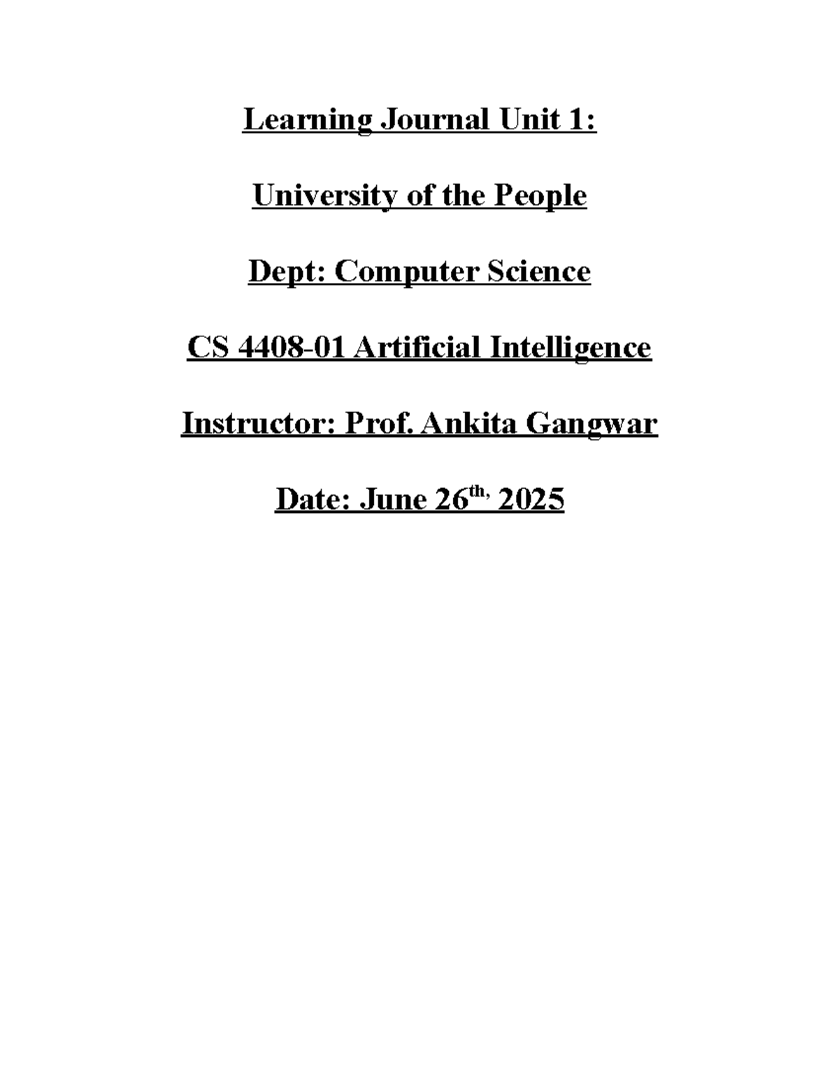 CS4408-01: Learning Journal on Fundamentals of AI Unit 1 - Studocu
