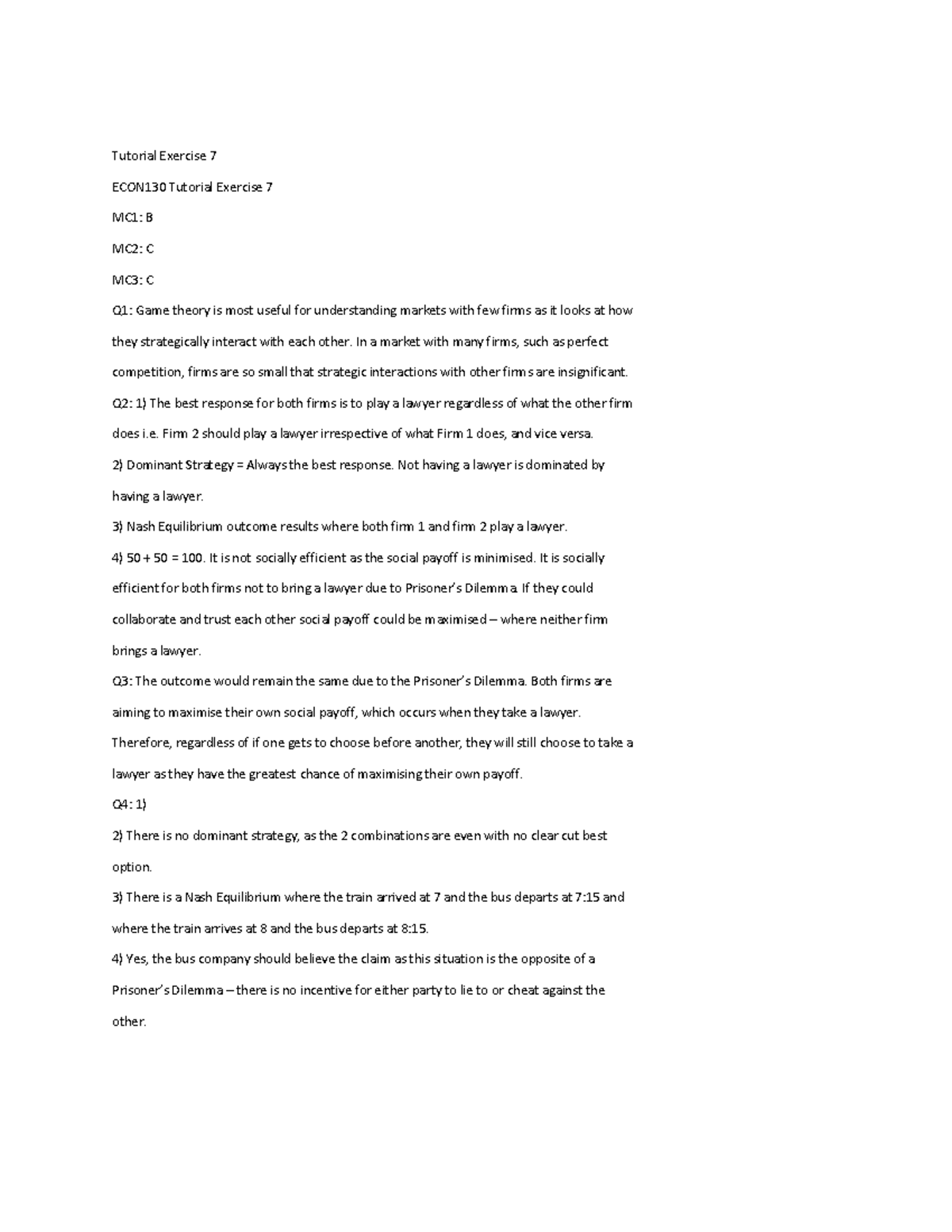 ECON 130 tutorial exercise 7 - Tutorial Exercise 7 ECON130 Tutorial ...