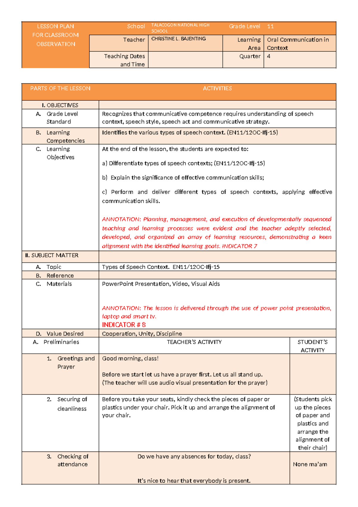 LESSON PLAN: TYPES OF SPEECH CONTEXT (Grade 11) - Studocu