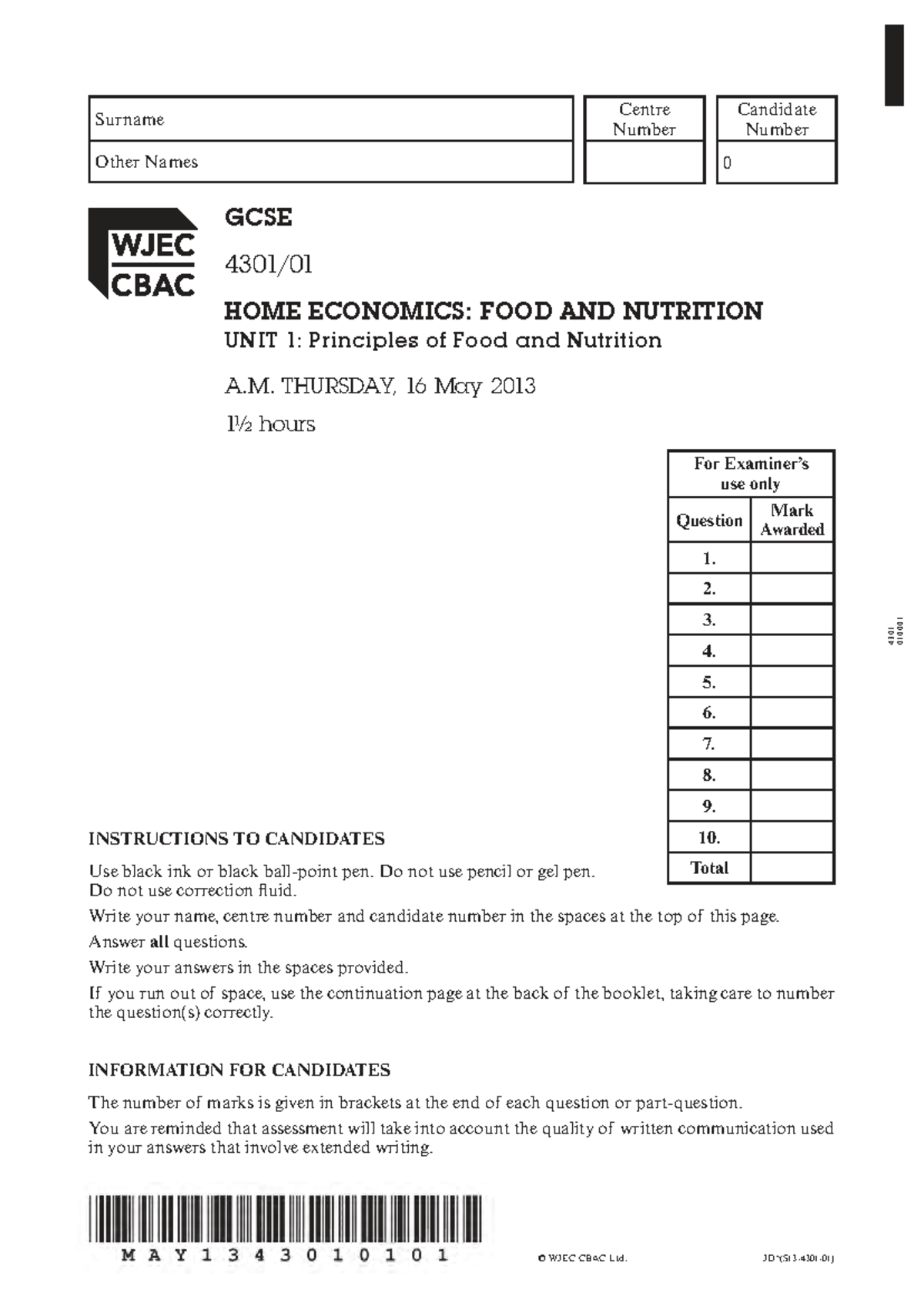 GCSE Home Economics: Food & Nutrition Unit 1 Exam Paper 2013 - Studocu