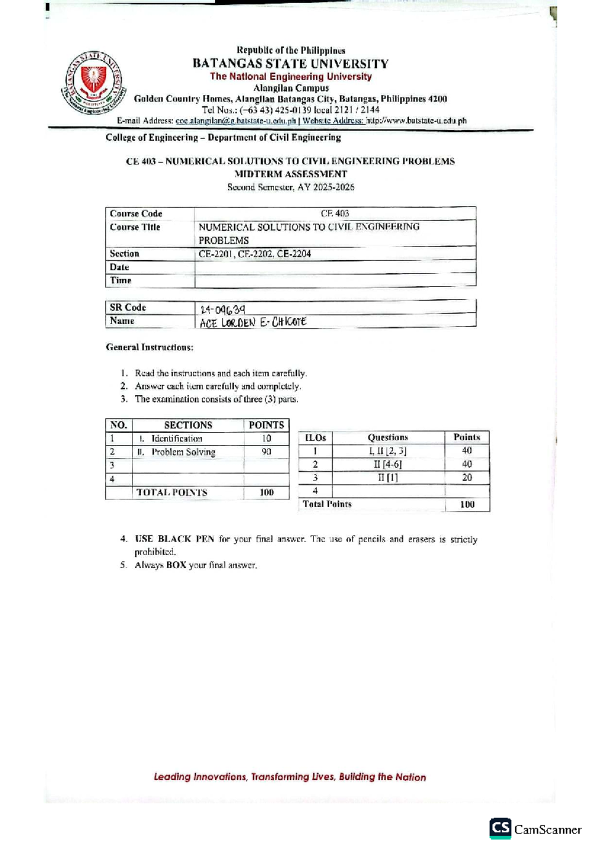 Midterm Assessment for CE 403: Numerical Solutions in Civil Engineering ...