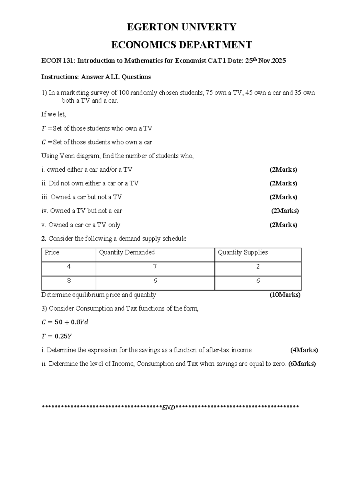 ECON 131 CAT 1: Intro to Math for Economists - SIT IN 25 Nov 2025 - Studocu