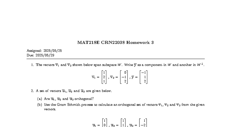 MAT218E CRN22038 Homework 3: Linear Algebra Practice Questions - Studocu