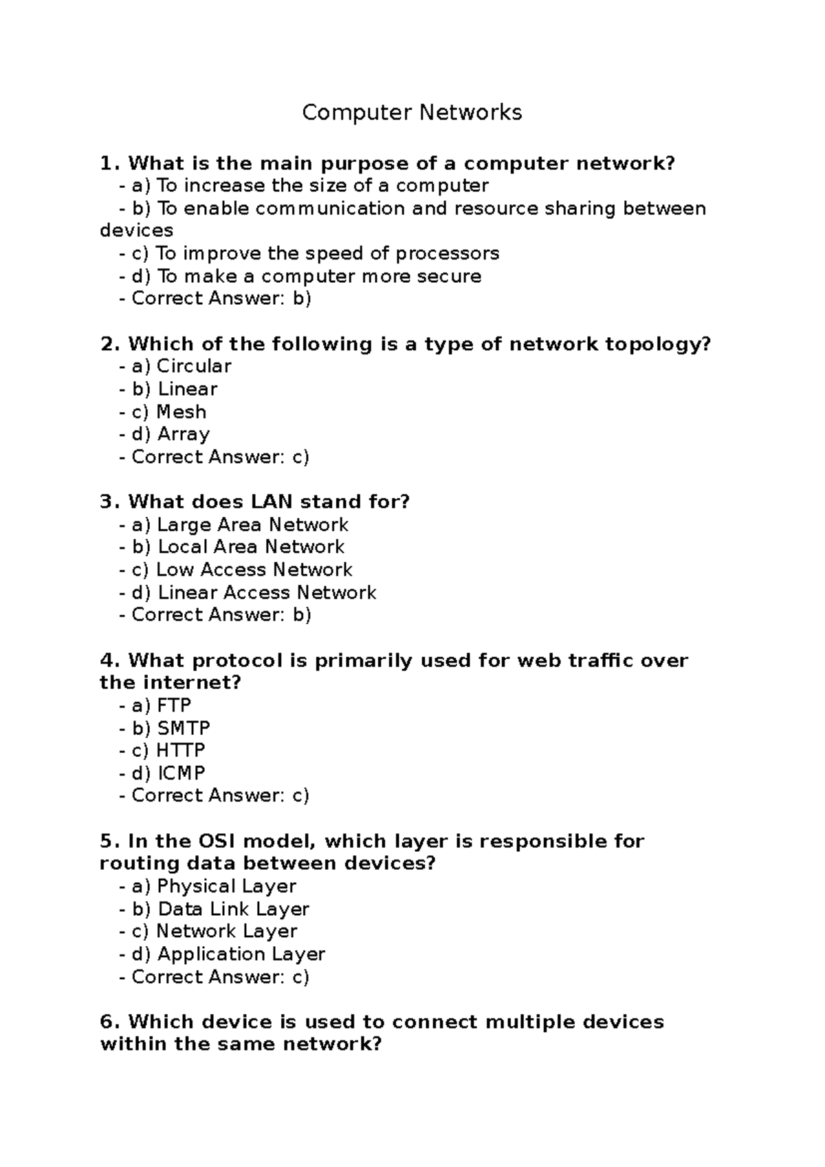 Computer Networks Quiz: Key Concepts and Questions - Studocu