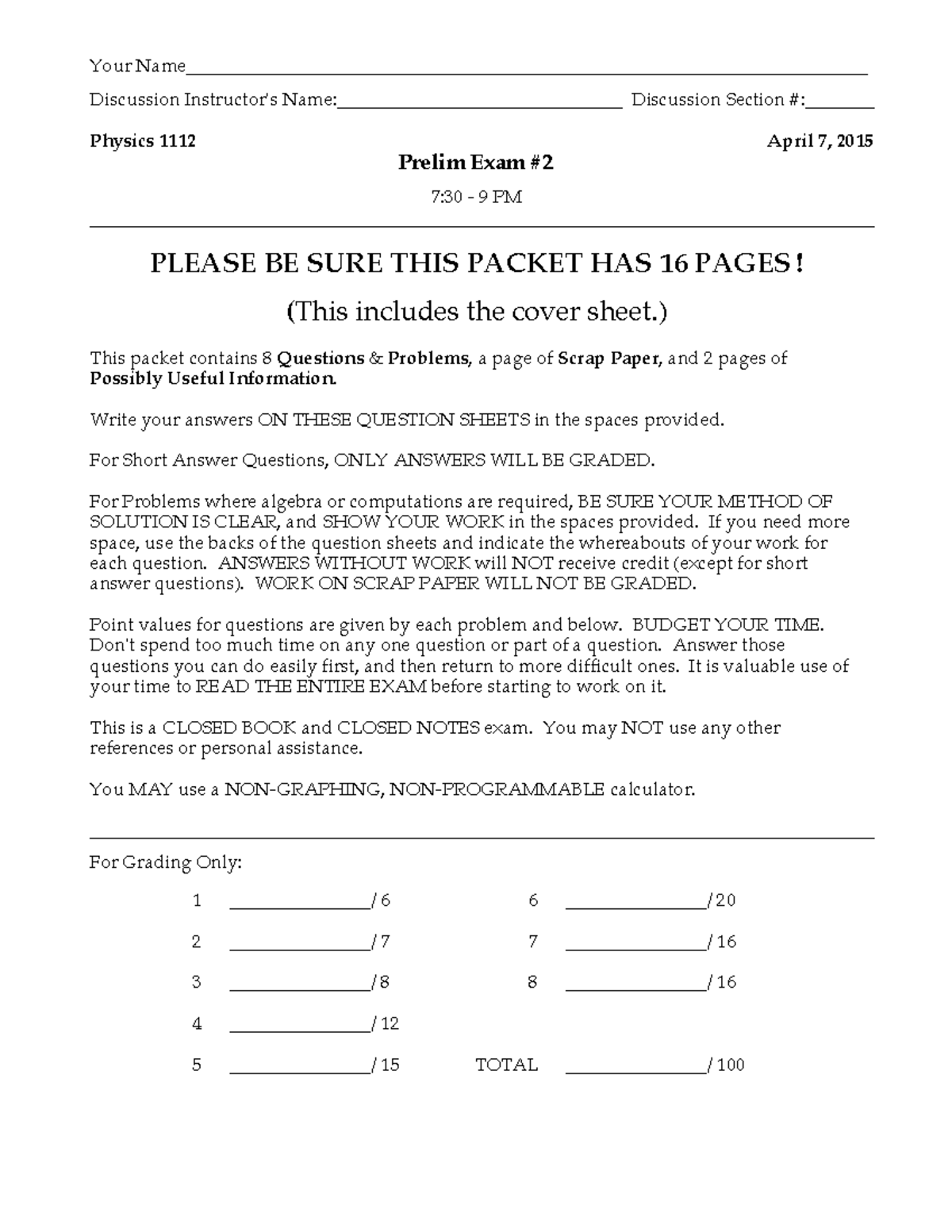 Physics 1112 Prelim Exam #2 Questions & Solutions S15 - Studocu