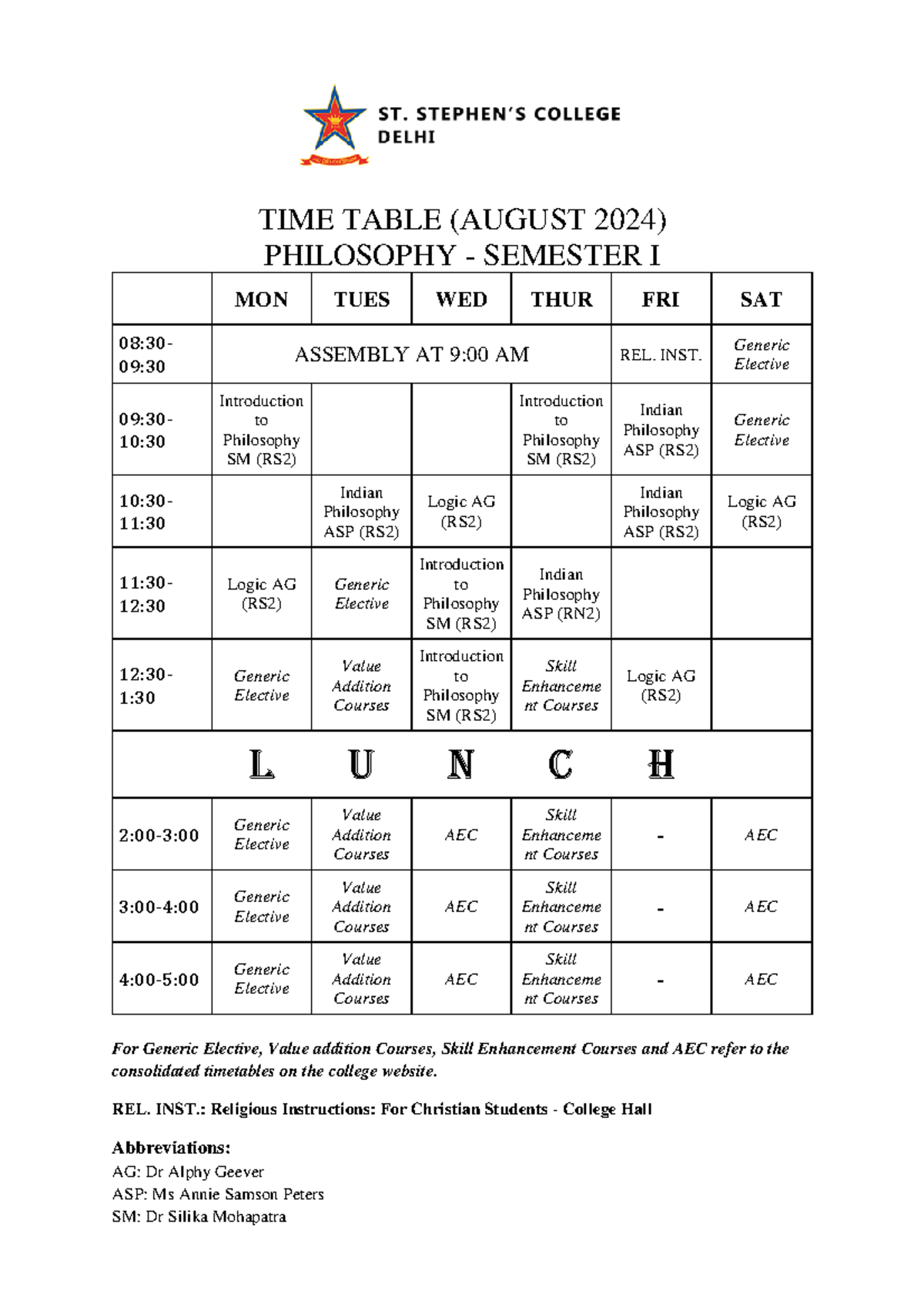 1PHI 1a - August 2024 Philosophy Semester 1 Timetable - Studocu