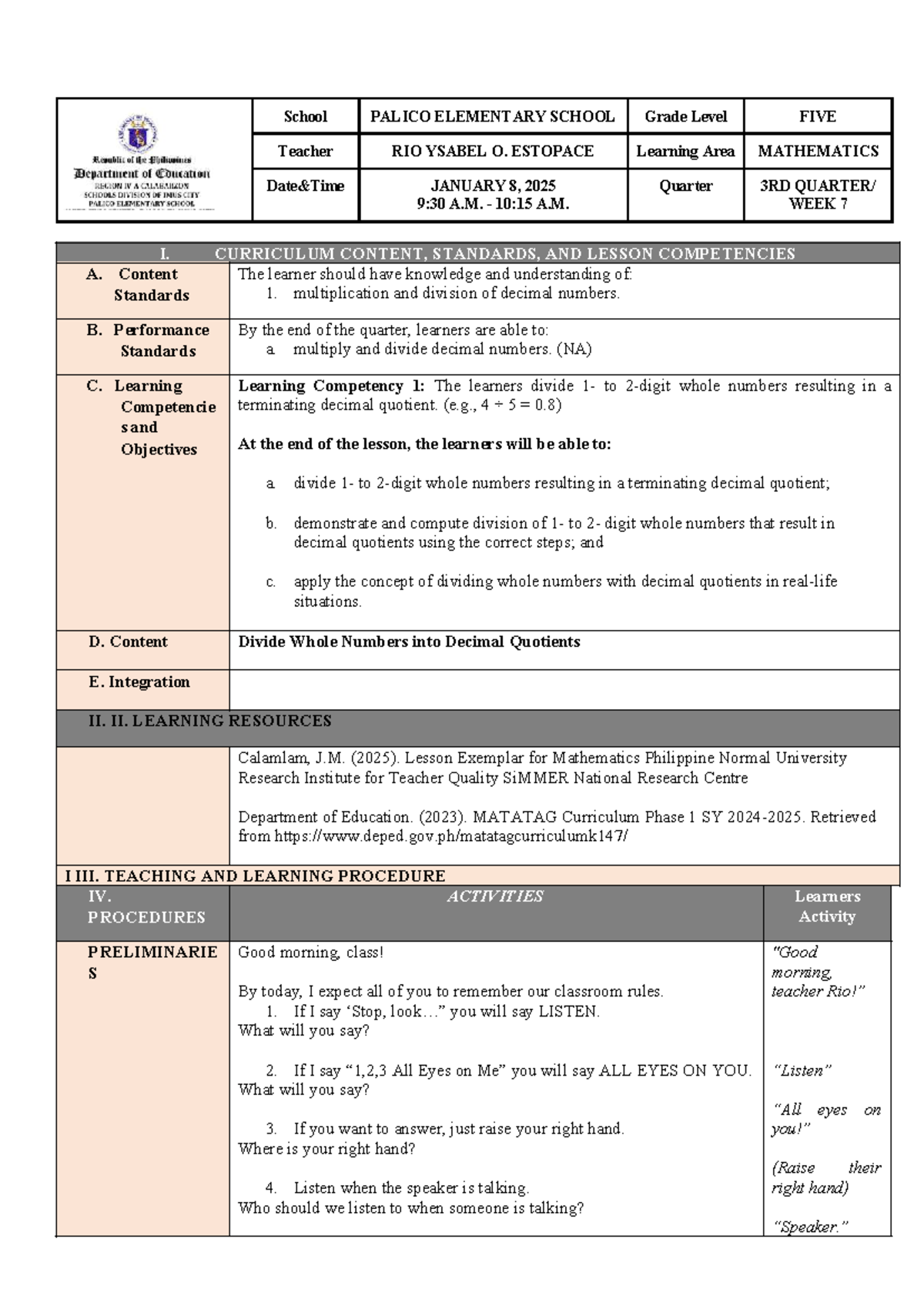 Mathematics Lesson Plan: Dividing Whole Numbers with Decimals (Grade 5 ...