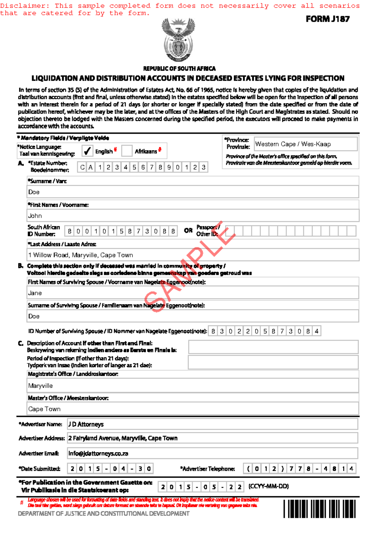 Form J187 Sample WILLS ESTATES DOCUMENTS - Western Cape / Wes-Kaap C A ...