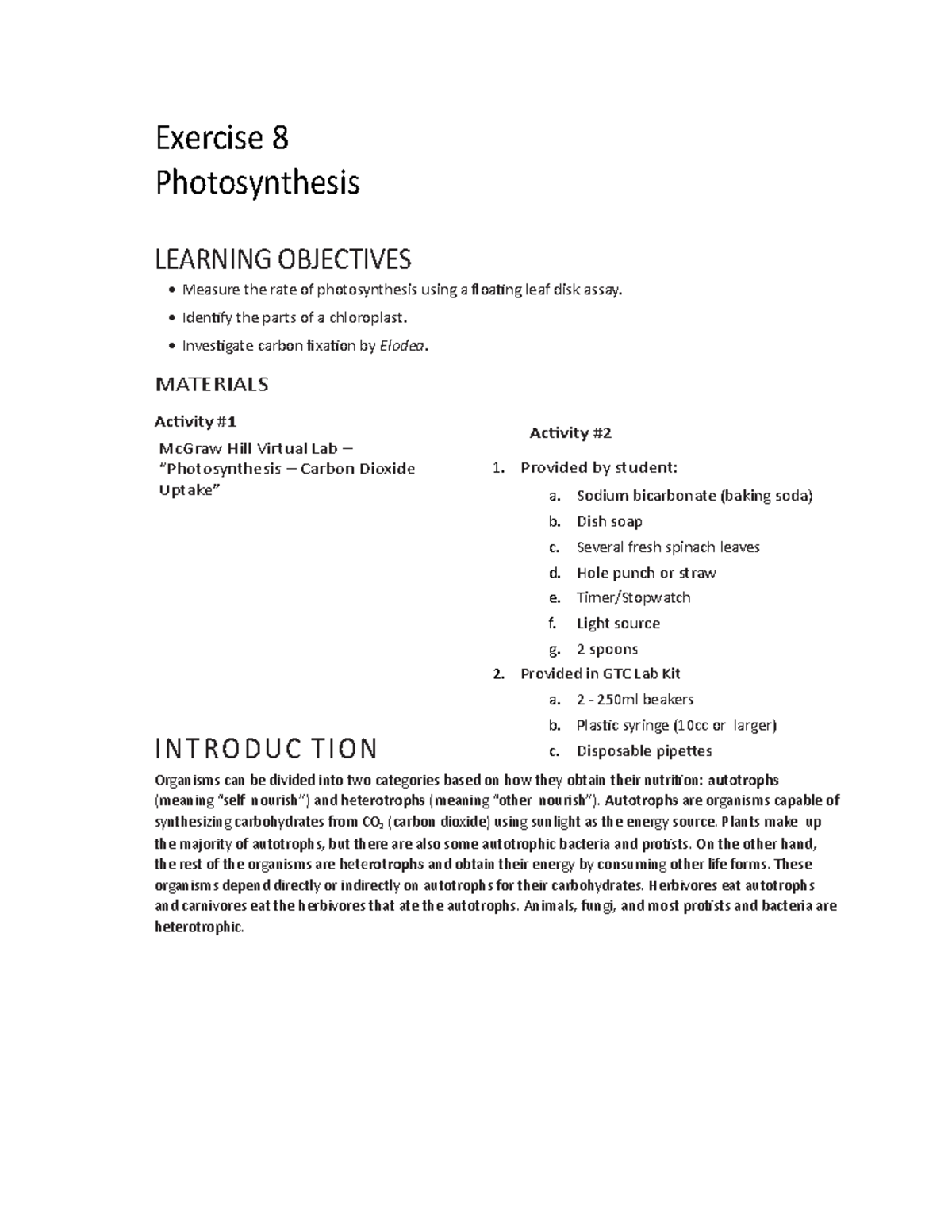 Online Ex08 Photosynthesis - Exercise 8 Photosynthesis LEARNING ...