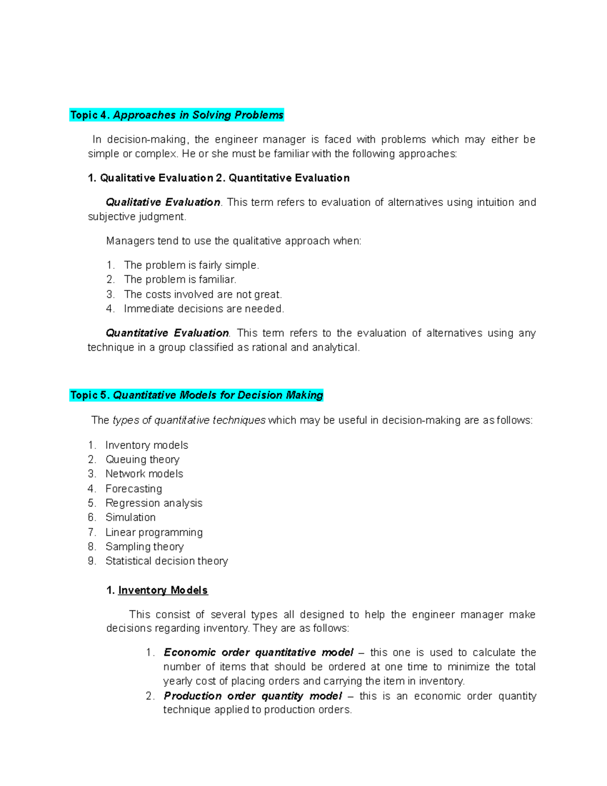 Engineering Management 2 - Topic 4. Approaches in Solving Problems In ...