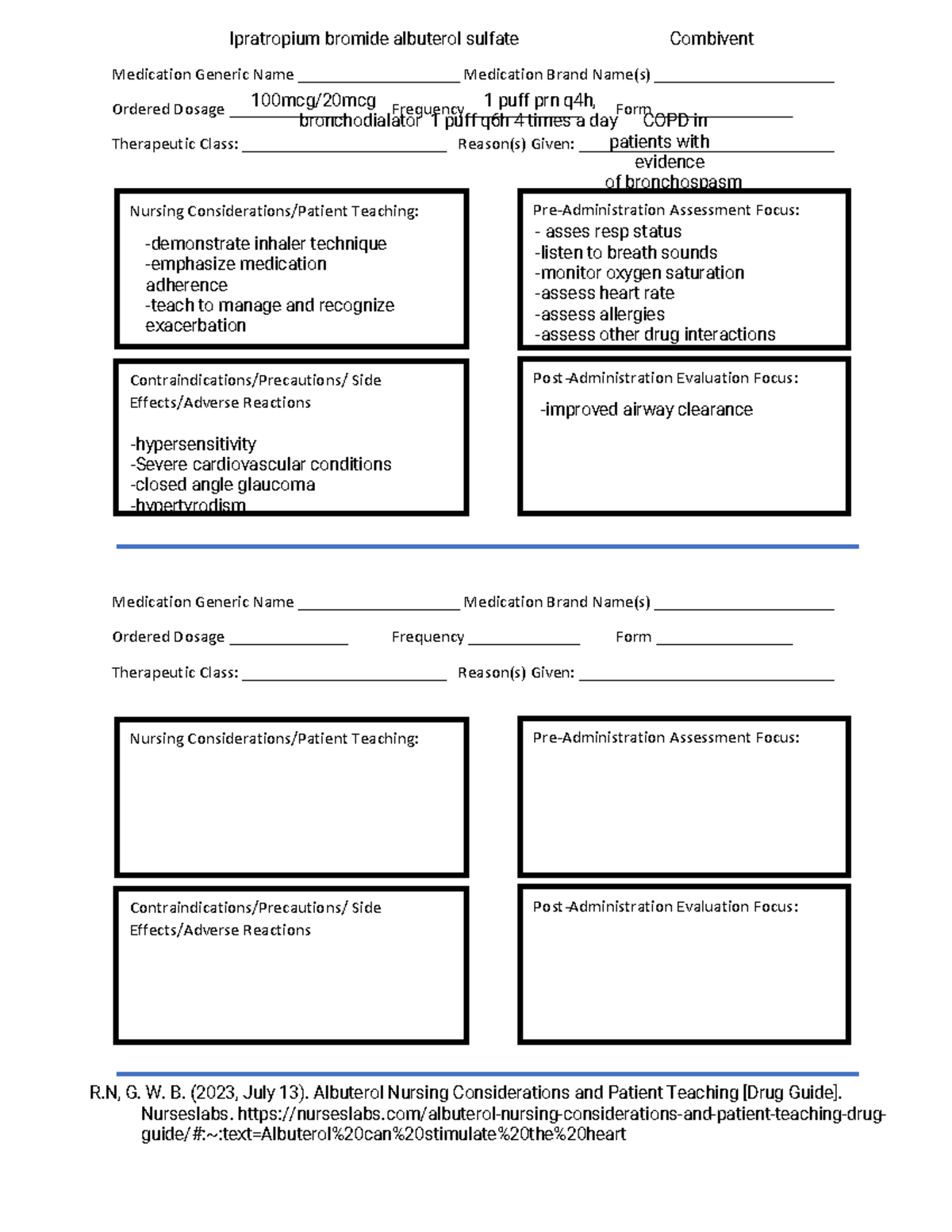 Ipratropium Bromide & Albuterol Sulfate Drug Card Overview - Studocu