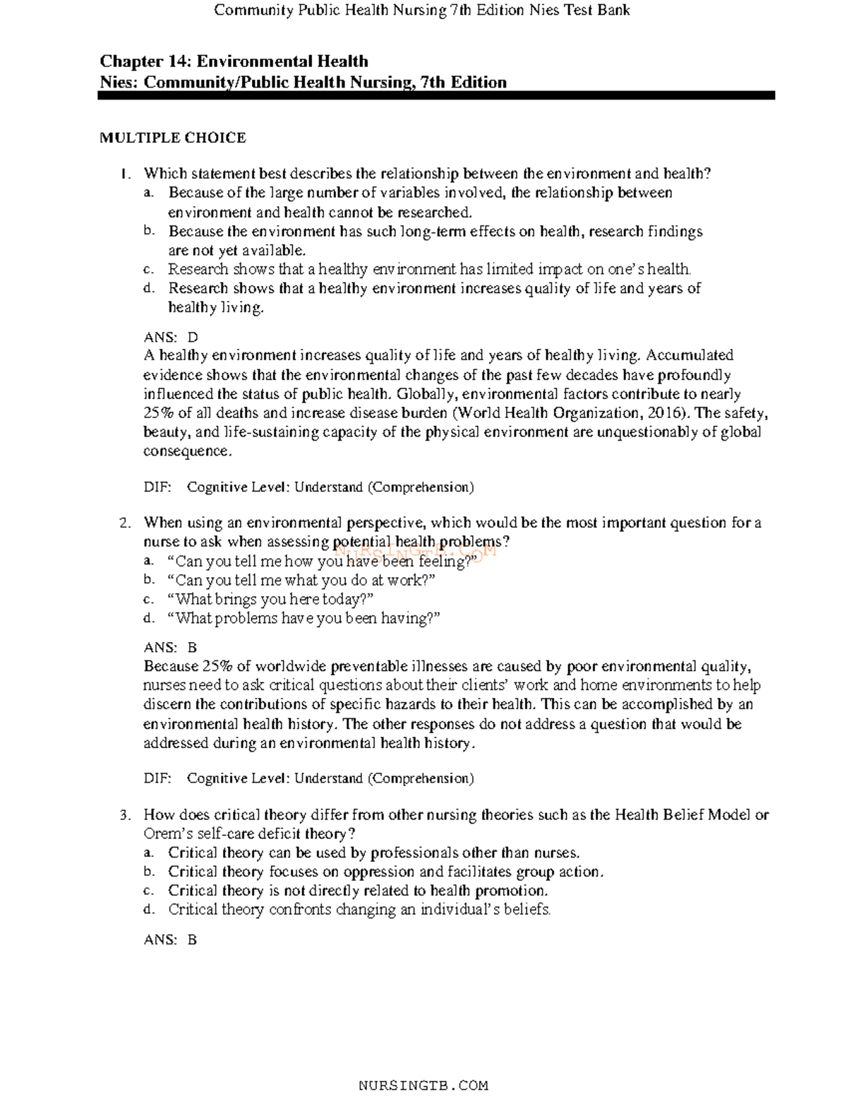 14 - Environmental Health Practice Questions for Nursing Students - Studocu