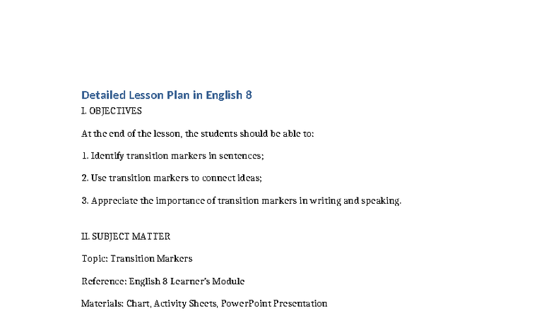Detailed Lesson Plan: Transition Markers for English 8 - Studocu