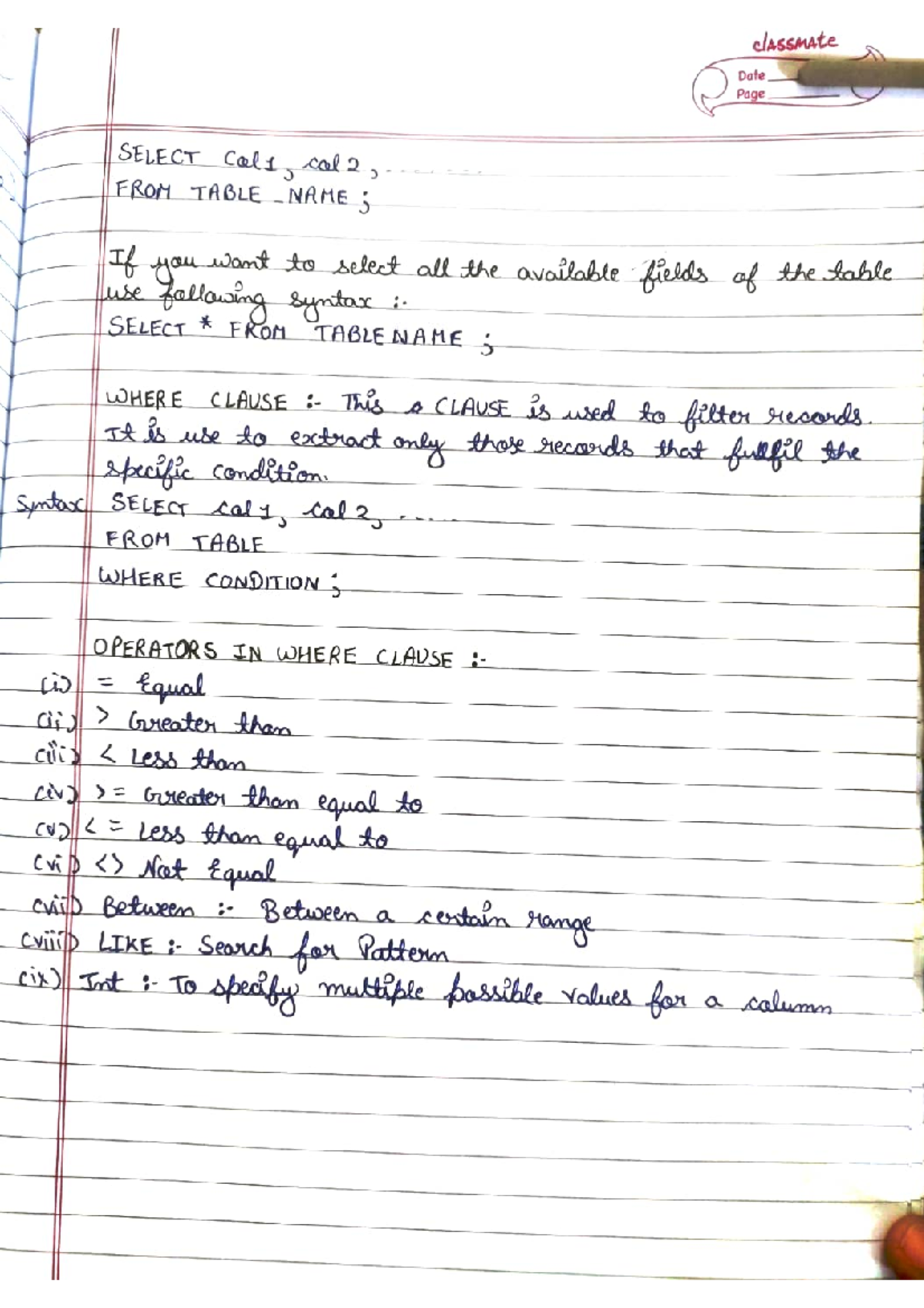 SQL Query Syntax and Operators - Classmate Notes - Studocu