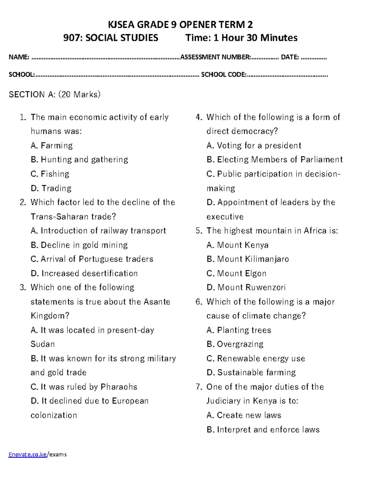 KJSEA GRADE 9 TERM 2 SOCIAL STUDIES OPENER EXAMINATION QUESTIONS - Studocu