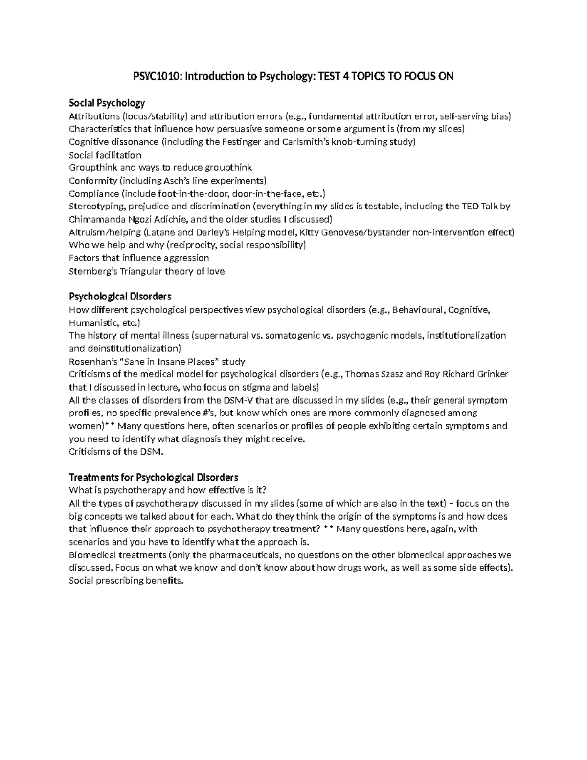 Test 4 Topics to Focus On - PSYC1010: Introduction to Psychology: TEST ...