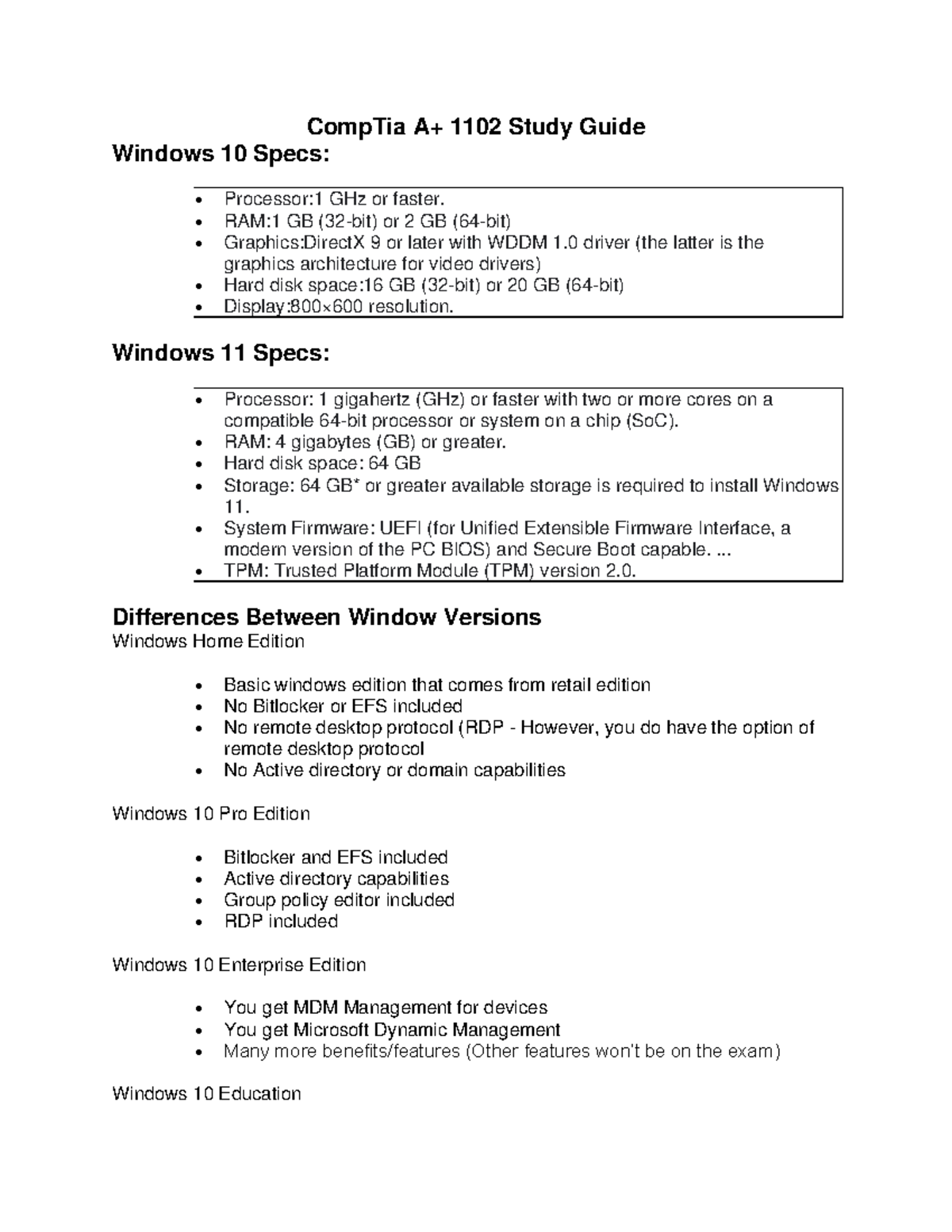 CompTia 1102 Study Guide: Windows 10 & 11 Specs and Install Methods ...