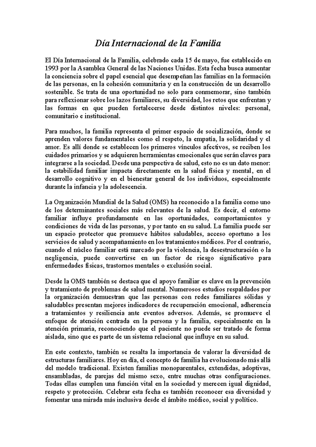 Día Internacional de la Familia - Día Internacional de la Familia El ...