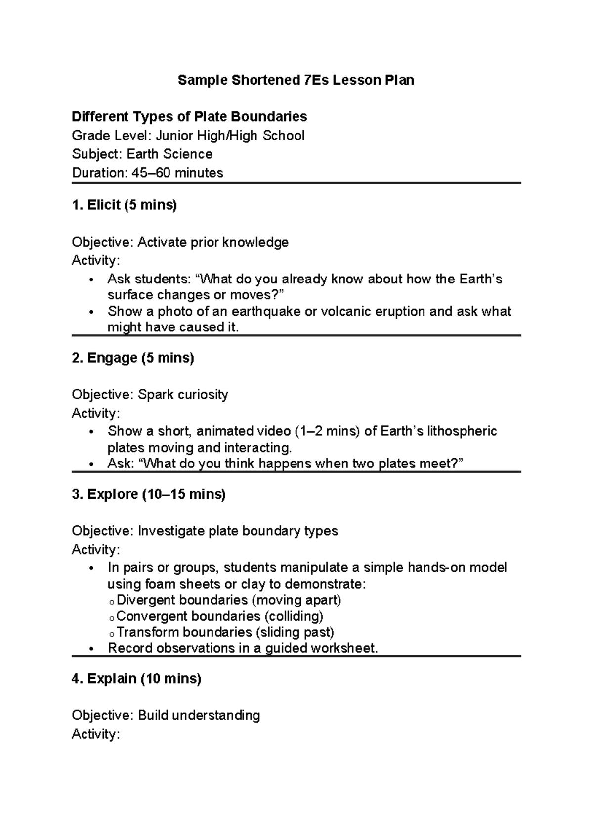 7Es Lesson Plan: Exploring Plate Boundaries for Junior School Earth ...